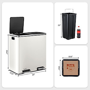 Arlopu 16 Gallon Stainless Steel Trash Can, 60L Dual Compartment, Metal Kitchen Step Recycle Bin, Metal Double Dustbin, in-Home Garbage Rubbish Can W/Removable Liner Buckets,