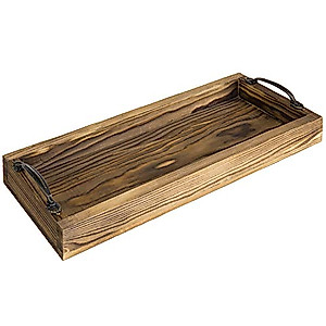 MyGift 16-inch Rustic Burnt Wood Toilet Tank Tray Organizer Storage Bathroom Vanity Tray with Vintage Brass Metal Handles