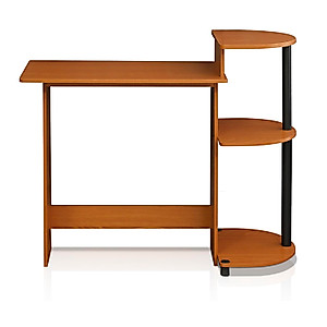 Furinno Compact Computer Desk with Shelves, Round Side, Light Cherry/Black