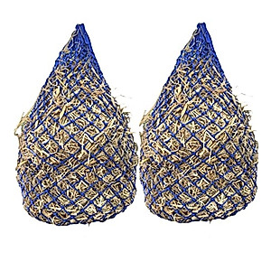 Majestic Ally 2 Pcs 1.25”x1.25” Holes Ultra Slow Feed 36” Very Sturdy Hay Net with Bottom Ring for Horses, Goat, Travel Feeder for Trailer and Stall, Reduces Waste (Royal Blue)