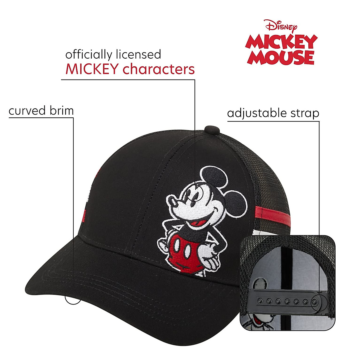 Disney Men’s Mickey Mouse Hat – Snap-Back Baseball Cap, Dad Hat, Size One Size, Mickey Stripes