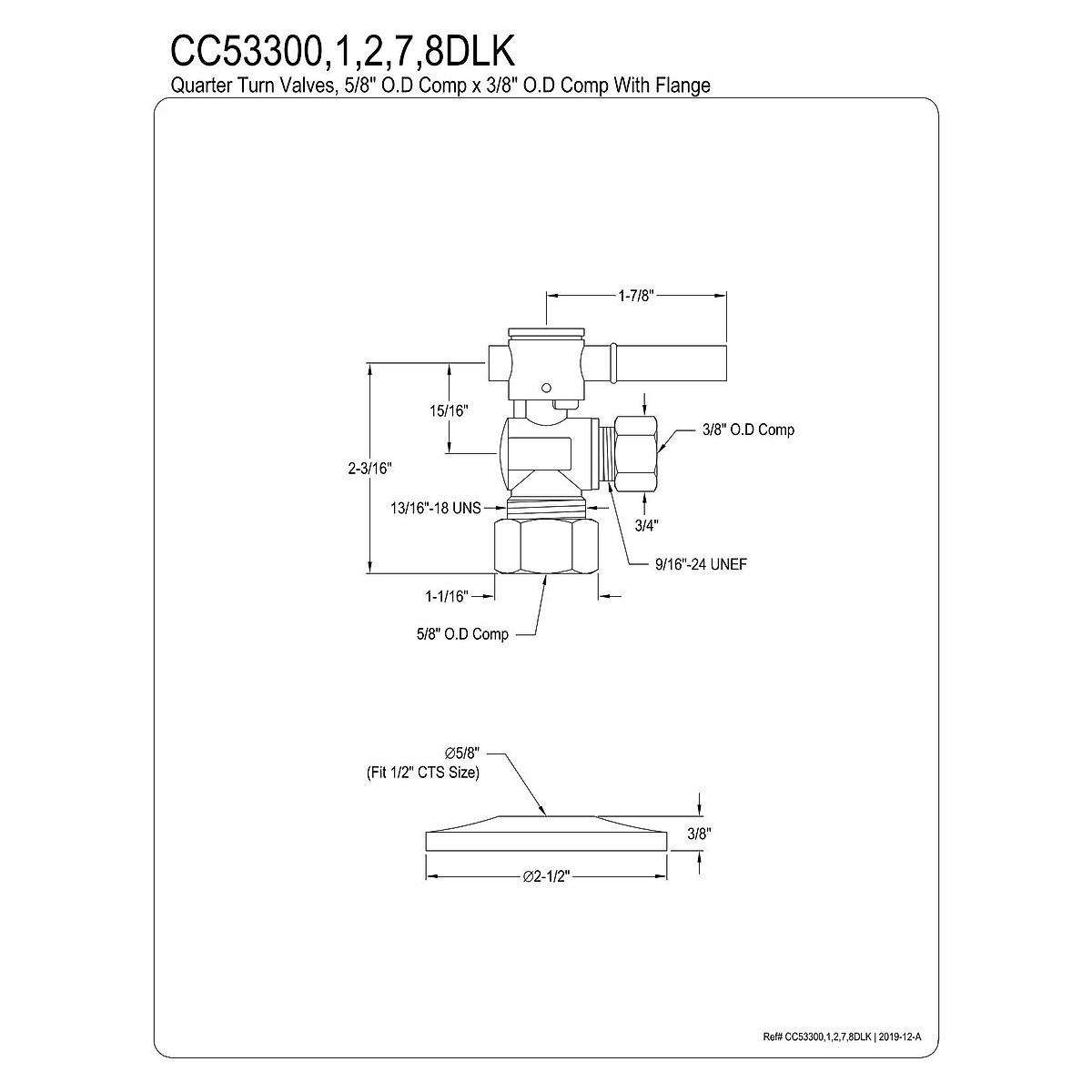 Kingston Brass CC53308DLK 5/8-Inch x 3/8-Inch OD Comp Quarter-Turn Angle Stop Valve with Flange, Brushed Nickel