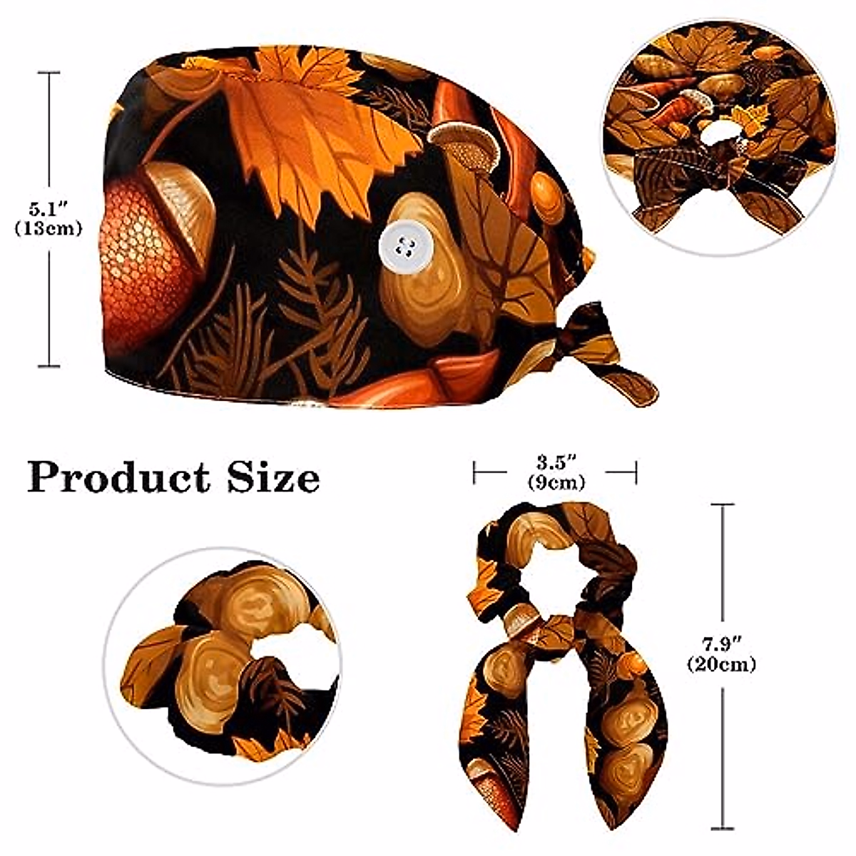 Happy Thanksgiving Acorns Bouffant Working Cap with Ribbon Tie for Women Long Hair, Scrub Surgical Hat, One Size Head Cover