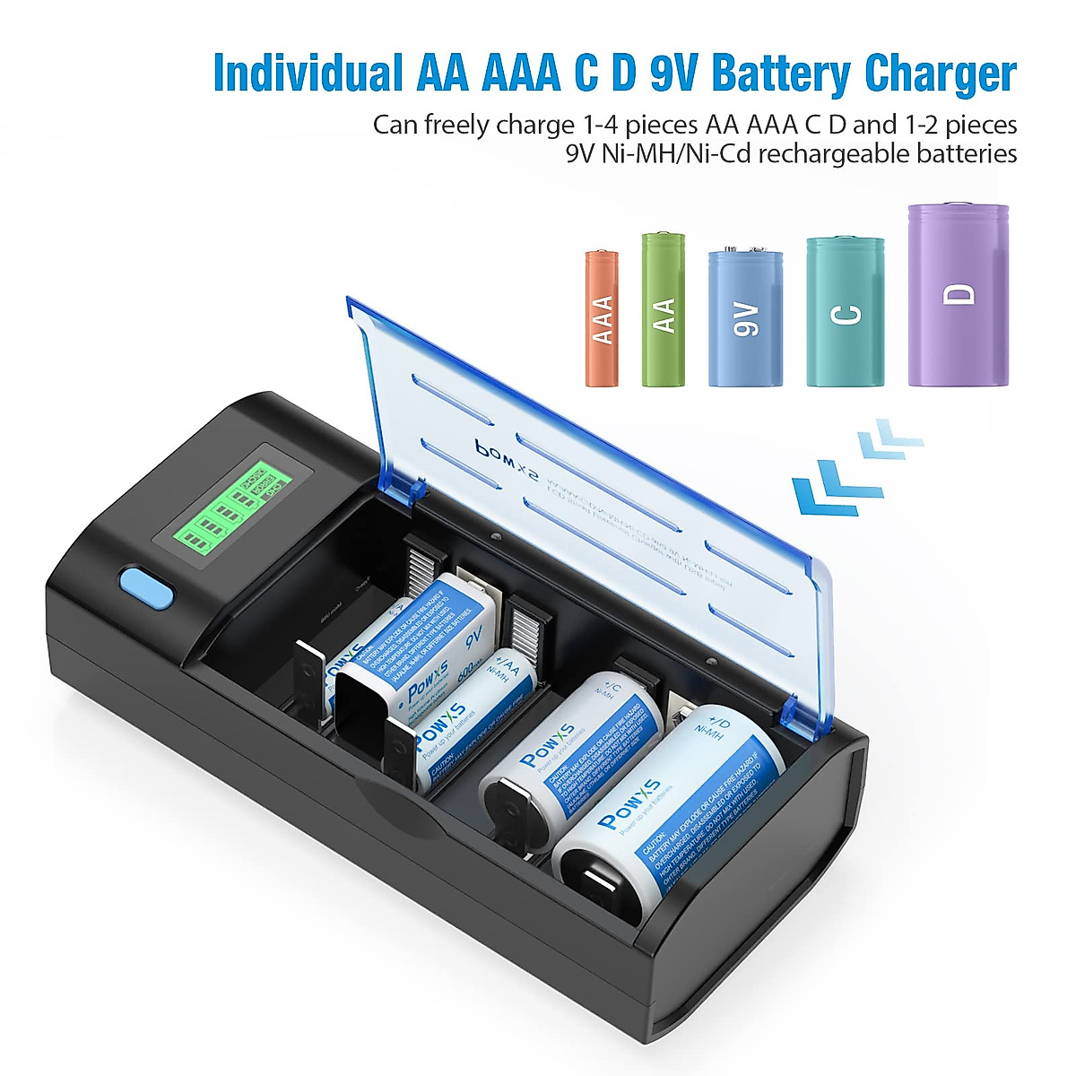 POWXS Smart AA AAA C D 9V Battery Charger, 1000mA Fast Charge, USB or Type-C Input, Independent Charge with Discharge Function(Includes a Free Charger Cable)
