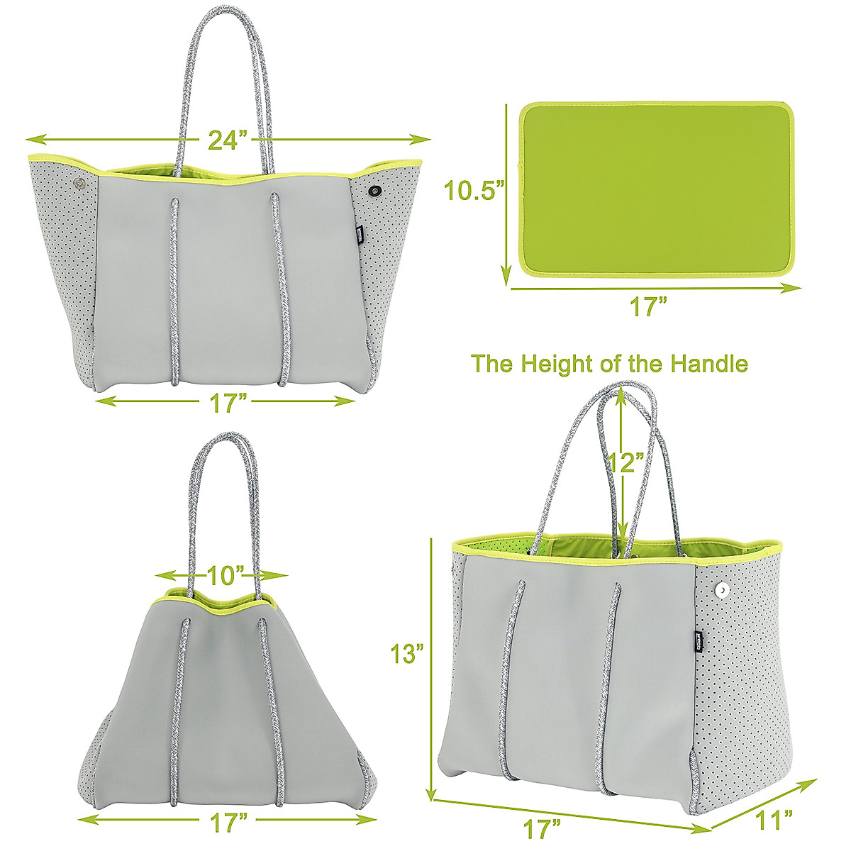 QOGiR Neoprene Multipurpose Beach Bag Tote with Inner Zipper Pocket (Light Grey, X-Large)