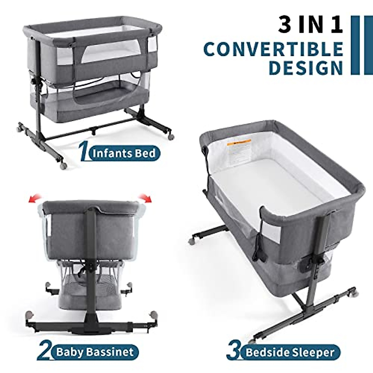 Ihoming Bassinet Bedside Sleeper for Baby, 3 in 1 Convertible Design, lnfant Bed & Bed Side Sleeper & Cradle Bassinets, Newborn Bedside Crib Attaches to Bed, Deep Grey