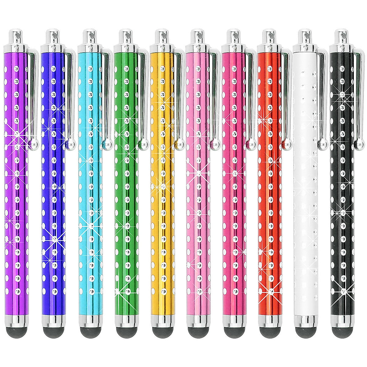 Eco-Fused 10 Pack Bling Metal Stylus Pens - Universal - Compatible with All Capacitive Touchscreen Devices - for iPad, iPhone, Samsung Phones and Tablets, All Android Phones and Tablets and More