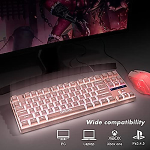 Gaming Keyboard and Mouse Pink Keyboard with White Backlit,CHONCHOW USB Wired 87key Gaming Keyboard Mini and Mouse 3600DPI,19 Keys No-Conflict, Illuminated Keys Compatible with PC/Ps4，Ps5/Xbox/Mac