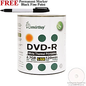 Smartbuy 100-disc 4.7GB/120min 16x DVD-R White Thermal Hub Printable Blank Media Disc + Black Permanent Marker
