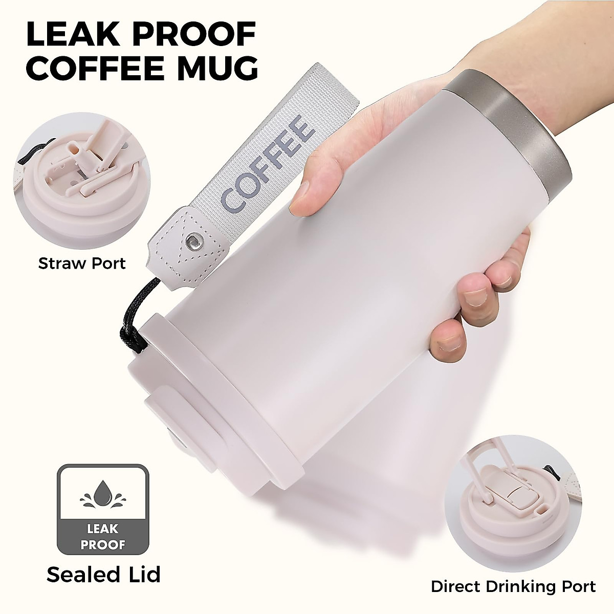 LATTPLYN Travel Coffee Mug, 18 oz Insulated Coffee Cup with Lid, Leakproof Stainless Steel Double-Wall Insulation Coffee Tumbler Cup For Hot/Ice Coffee Tea Beer Vacuum Thermal Thermos(Beige, 18 oz)