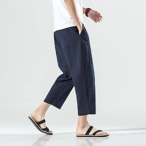 PRIJOUHE Mens Harem Pants Casual Lightweight Loose Fit Capri Pants Linen Beach Pants with Elastic Waistband