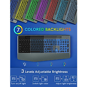 Trueque Wireless Keyboard with 7 Colored Backlits, Wrist Rest, Phone Holder, Rechargeable Ergonomic Computer Silent Keys, Full Size Lighted for Windows, MacBook, PC, Laptop (Gray), Grey