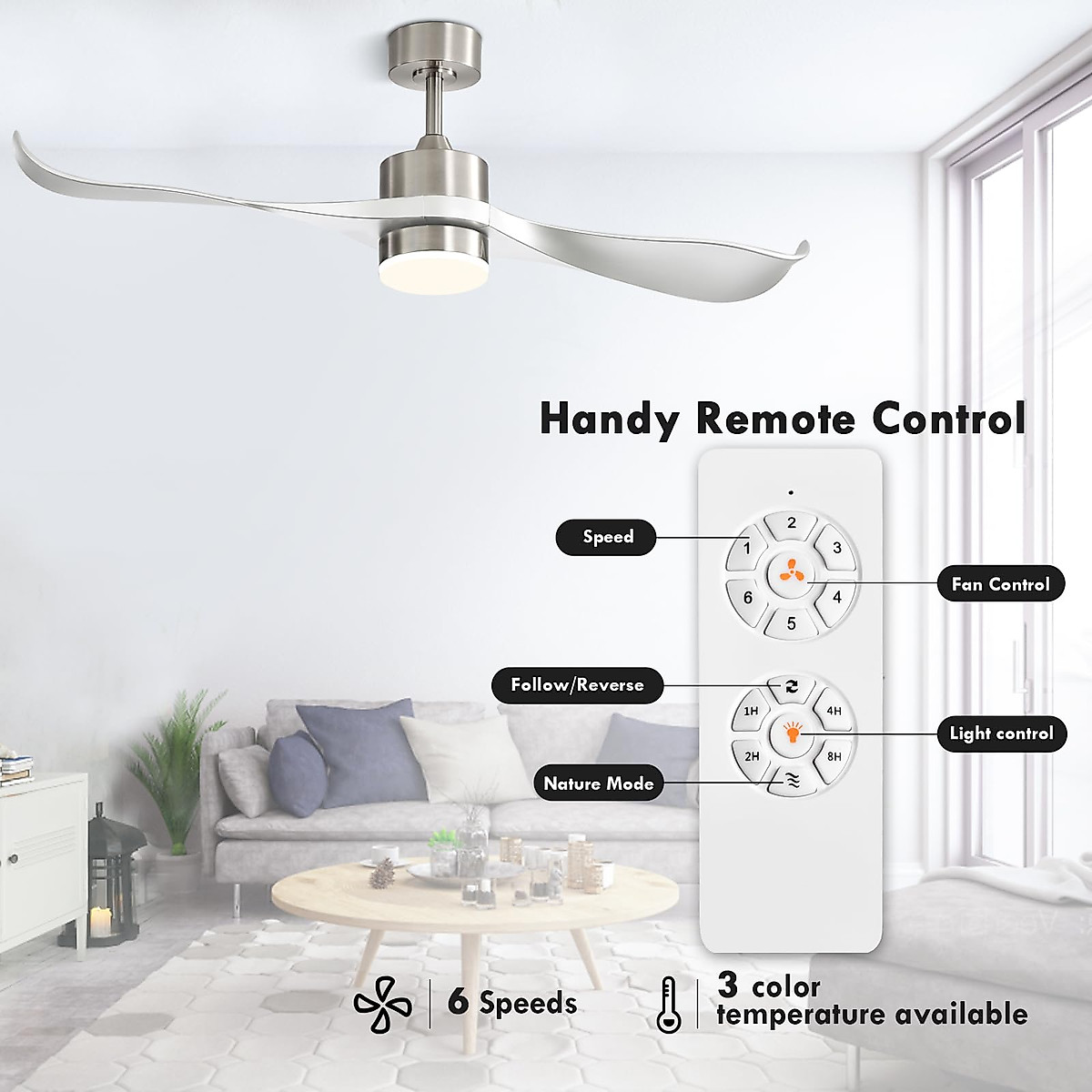 WINGBO 52" DC Ceiling Fan with Lights and Remote, Brushed Nickel and Silver Ceiling Fan, 2 Curved ABS Plastic Blades, 6-Speed DC Motor, Modern Ceiling Fan for Kitchen Bedroom Living Room, ETL Listed