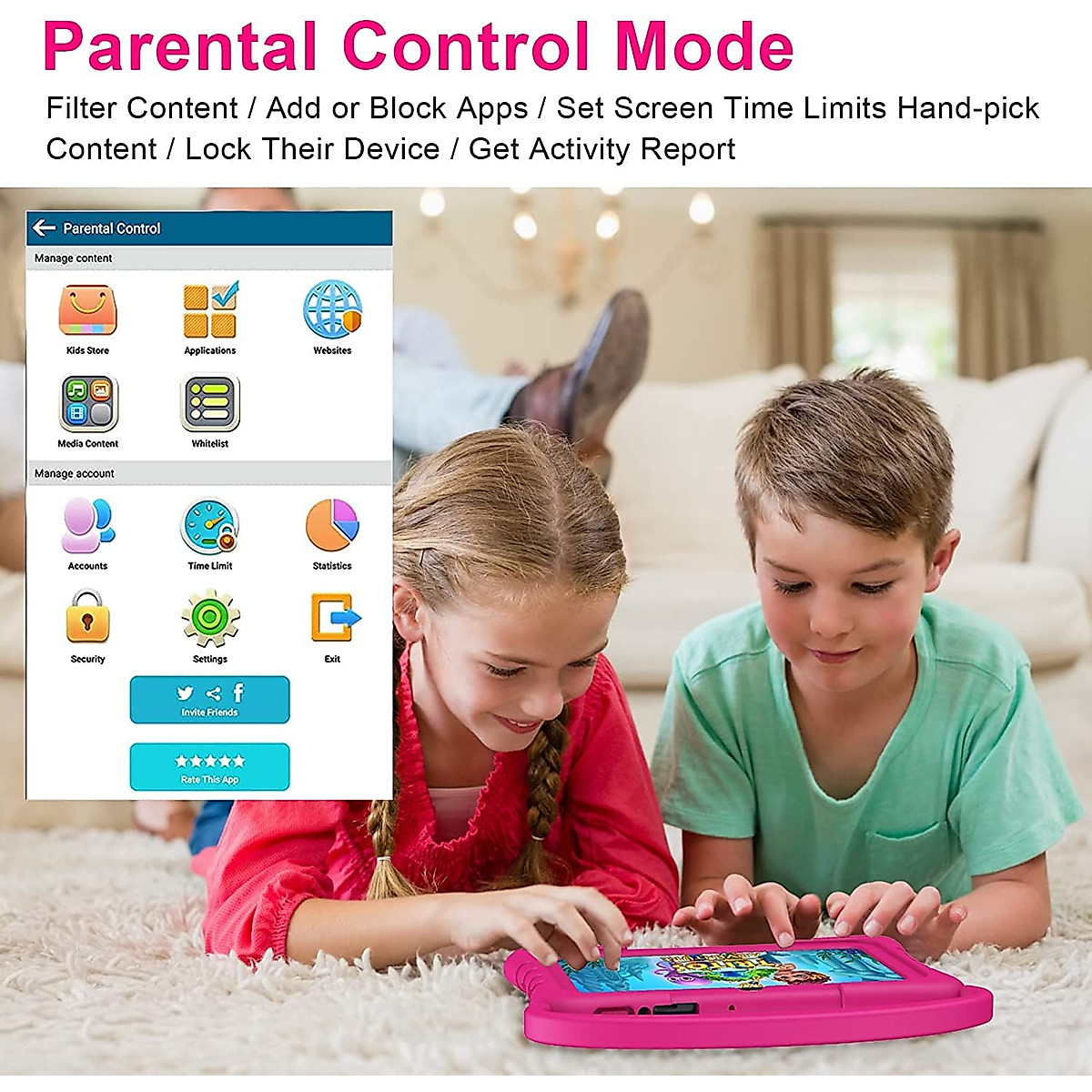 Kids Tablet, 7 inch Tablet for Kids 3GB RAM 32GB ROM Android 11 Toddler Tablet with Bluetooth, WiFi, GMS, Parental Control, HD Dual Camera, Shockproof Case, Google Play, Netflix, YouTube(Pink)