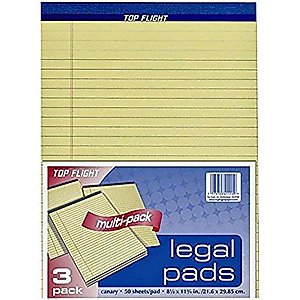 Top Flight Legal Pad, 8.5 x 11.75 Inches, 0.375 Inch Rule, Canary, 50 Sheets per Pad, 3 Pads per Pack (4513108)