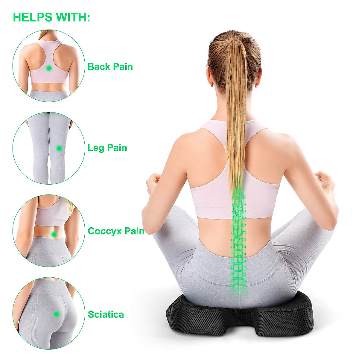 HUISILK Seat Cushion for Office Chair Car- Memory Foam Coccyx Pad - Comfort Sciatica Pillows Support Back Hip Tailbone Pain Relief (Black)