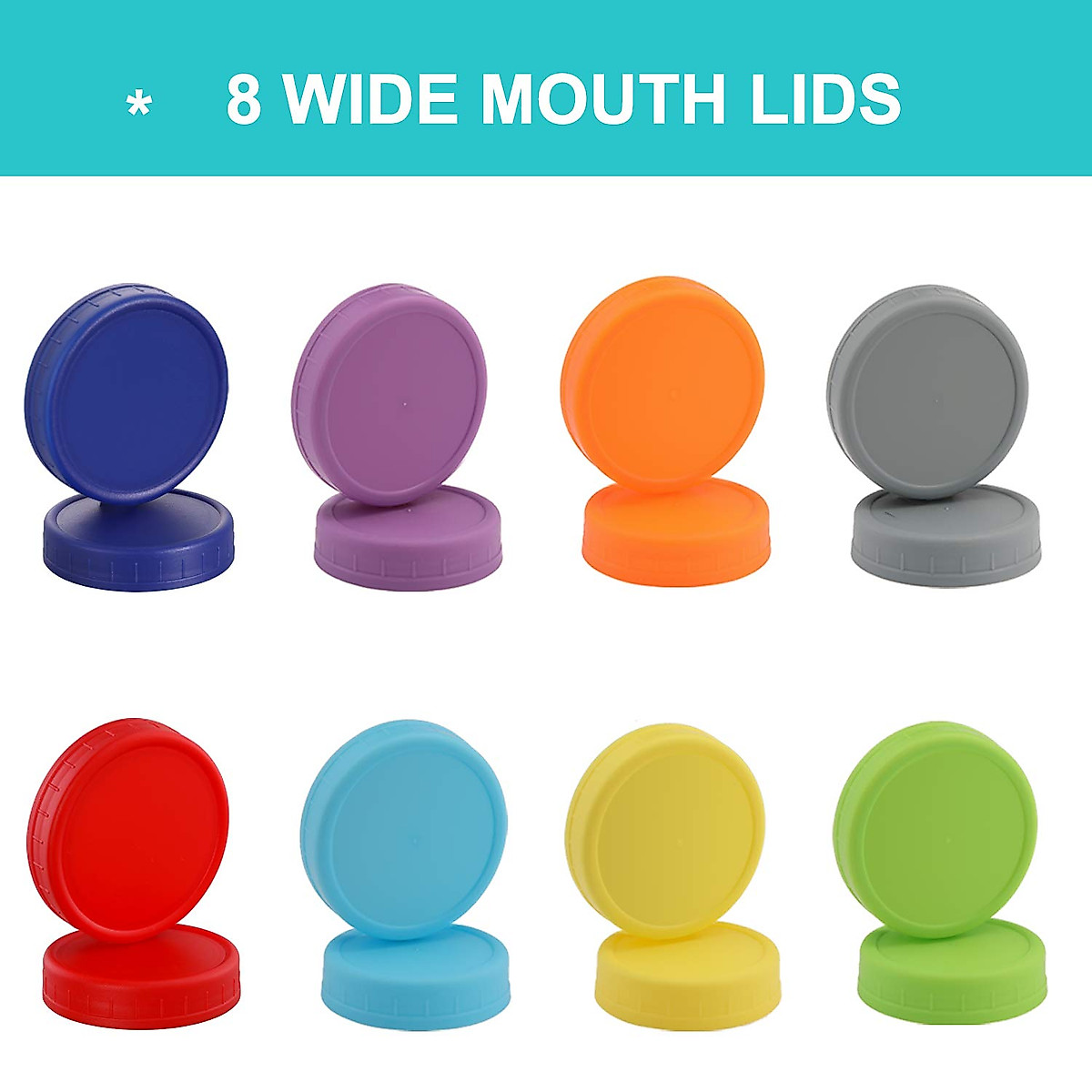 WIDE Mouth Mason Jar Lids [8 Pack] for Ball, Kerr and More - Colored Plastic Storage Caps for Mason/Canning Jars - Leak-Proof
