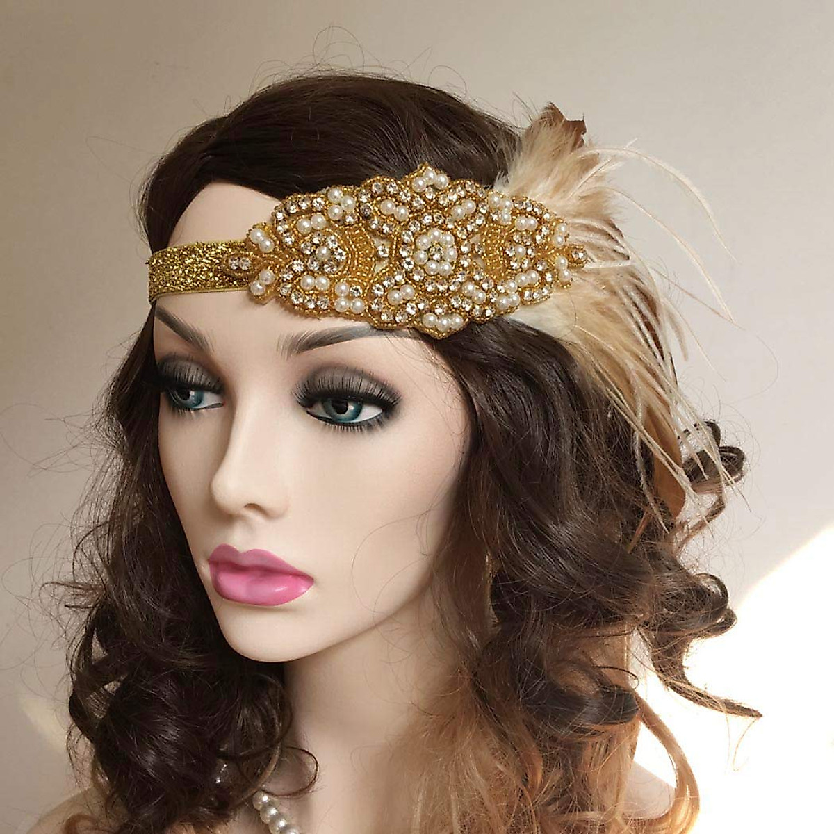 Asooll 1920s Feather Headband Gold Vintage Crystal Flapper Headpiece Headdress Prom Head Accessories for Women and Girls