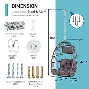 Patiorama Indoor Outdoor Egg Swing Chair with Stand, Patio Grey Wicker Rattan Hanging Chair with Rope Back, Cushion,Cover,All Weather Foldable Hammock Chair for Bedroom, Porch, Garden (Dark Grey)