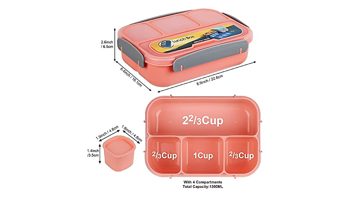 MaMix Pink Bento Lunch Box for Adults and Kids - 1300ML 4 Compartments