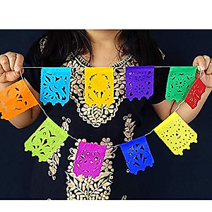 5 Pk Small Papel Picado Flags, Fiesta Banner Decorations 15 ft Long Multicolored Paper Garland with Round Scalloped Edges, Mexican Party Decorations for Cinco de Mayo, Weddings, Office Parties ws97