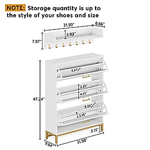 Tribesigns Shoe Cabinet, Shoe Storage Cabinet with Wall Mounted Coat Rack, Modern Shoes Organizer Cabinets with 3 Flip Drawers, White and Gold Shoe Cabinet for Entryway