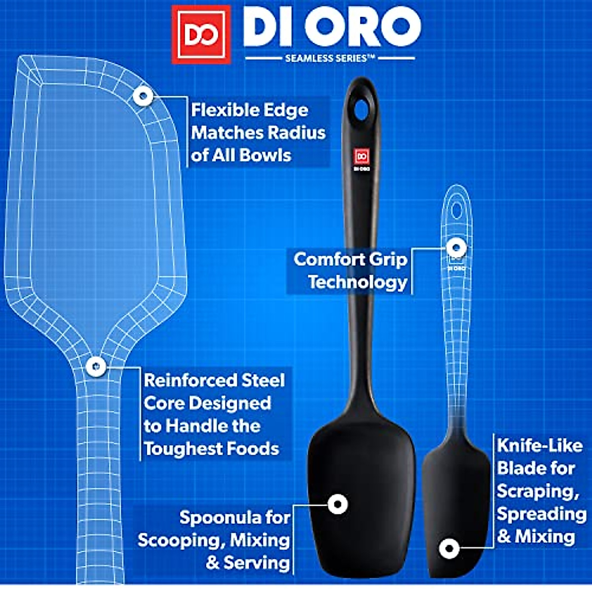 DI ORO Silicone Spatula Set - Rubber Kitchen Spatulas for Baking, Cooking, & Mixing - 600°F Heat-Resistant & BPA Free Silicone Scraper Spatulas for Nonstick Cookware - Dishwasher Safe (3pc, Black)