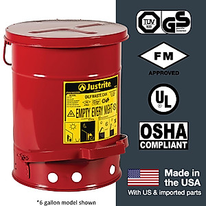 Justrite 10 Gallon Galvanized Steel Oily Waste Can, 18" x 14" Metal Oil Rag Safety Can With Foot Operated Self-Closing Lid for Oil Rag Disposal, Made in the USA, Red, 09300