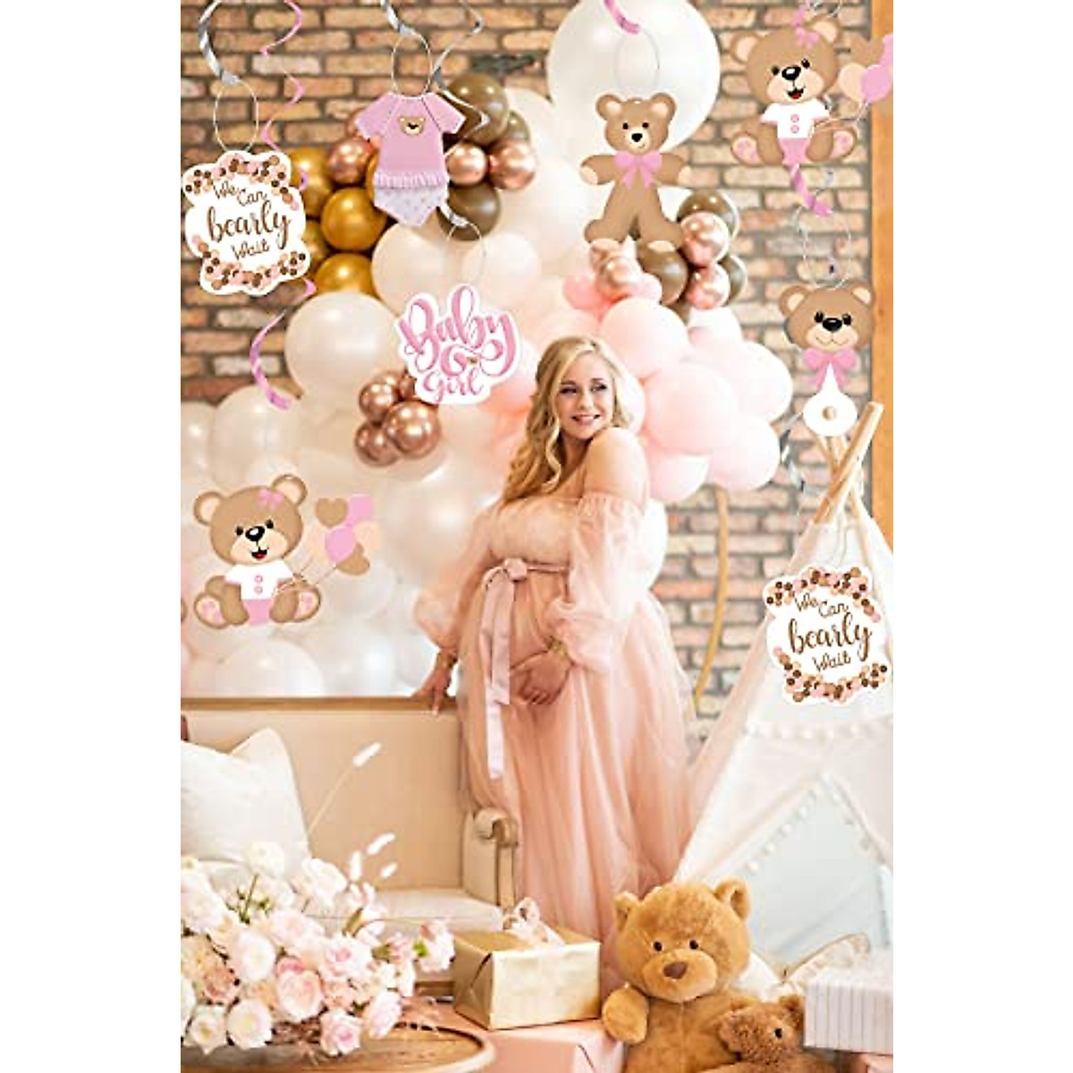 20Pcs Pink Bear Baby Shower Hanging Swirls Decorations, We Can Bearly Wait Kids Bear Themed Foil Ceiling Swirls for It's A Girl Gender Reveal Photo Prop Hanging Decor Streamers Birthday Party Supplies