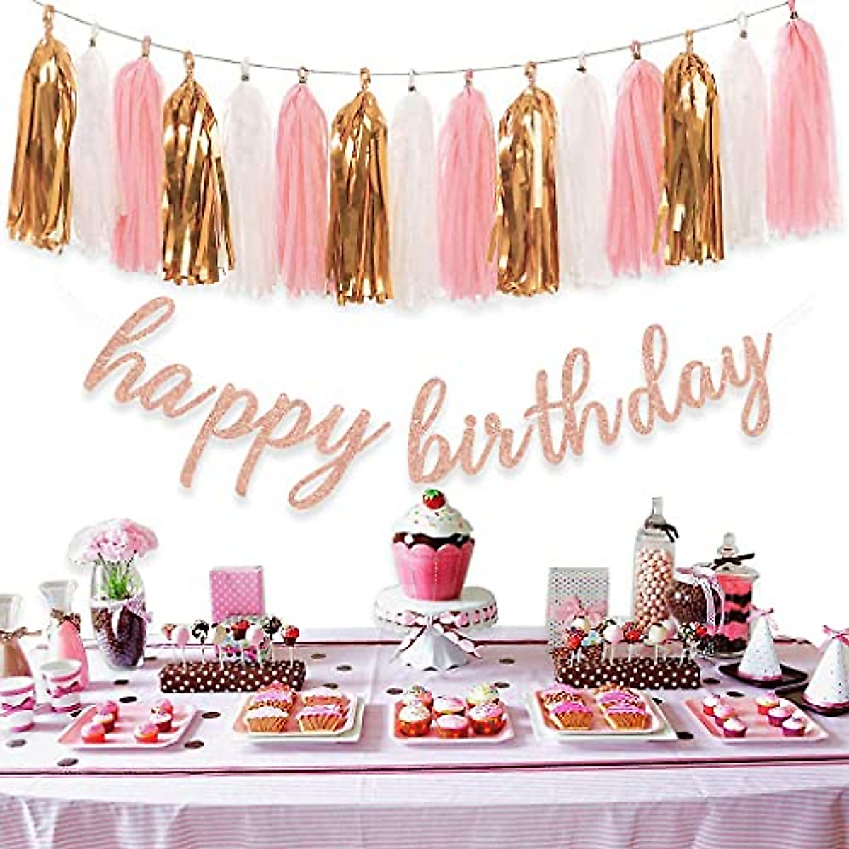 Aonor Rose Gold Birthday Party Decorations - Glittery Rose Gold Happy Birthday Banner and Tissue Paper Tassels Garland for Birthday Decorations