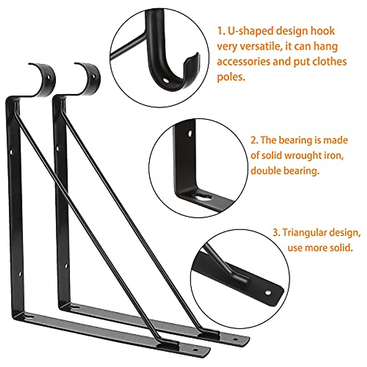 4 Pack Closet Shelf & Rod Brackets, Heavy Duty Closet Shelf Bracket with Rod Support, 11”x11”, 1-3/8” Dia Black Wall Mount Clothes Hanger Closet Pole Support Bracket for Shelf Storage and Closet Rod