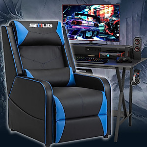 Gaming Recliner Gamer Chair for Adults - PU Leather Sofa with Footrest Comfortable Movie Theater Chairs Ergonomic Single Couch for Living Game Room- Black/Blue
