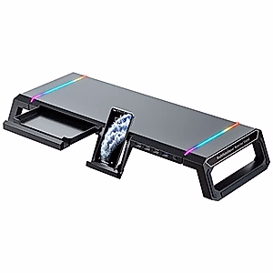 KYOLLY RGB Gaming Computer Monitor Stand Riser - 1 USB 3.0 and 3 USB 2.0 Hub, 3 Length Adjustable Computer Monitor Stand with Drawer,Storage and Phone Holder