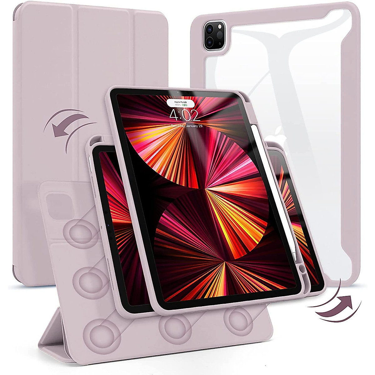 iPad Pro 11 Inch Case 2022/2021/2020(4th/3th/2rd Gen) with Pencil Holder Detachable Transparent Hard Shell Back Cover Smart Trifold Folio Auto Sleep/Wake (Light Purple/Pink)