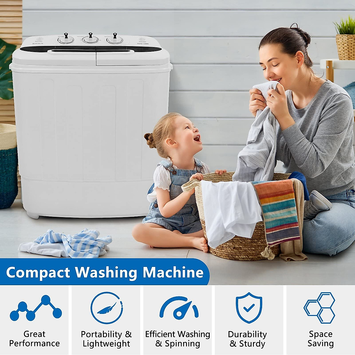 ROVSUN 15LBS Portable Washing Machine, Electric Twin Tub Washer with Washer(9lbs) & Spiner(6lbs) & Pump Draining, Great for Home RV Camping Dorm College Apartment (white & black)