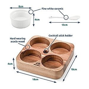 Ceramic Dipping Bowls Set of 4 with Tray and Spoons, Dip Bowls for Side Dishes, Chip and Dip Serving Set for Sauce, Condiment, Dessert, Salsa, Snacks, Acacia Wooden Board With Cocktail Stick Holder