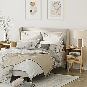 Masupu Night Stand,Bedside Table with PE Rattan Decor Drawer,End Table with Solid Wood Legs, Rattan Furniture,Side Table with Drawer Open Shelf,Rattan Nightstand for Bedroom,Living Room