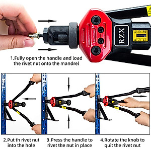 RZX 16" RIVET NUT TOOL Hand Blind Riveter,RIVNUT Riveting Tools with Nut Setting System totally 12mandrels M3 M4 M5,m6,m8,m10 M12, 10-24, 1/4-20, 5/16-18,3/8-16,1/2-13 +115PCS Rivets Nuts