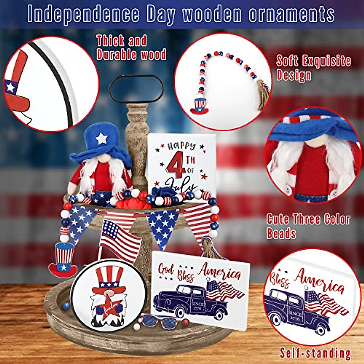 Patriotic Decorations, 5Pcs 4th of July Tiered Tray Decor, Farmhouse 3 Independence Day Decor Wood Signs, Gnome Plush and Bead Garland, Truck Full of Memorial Day Decor for Home Table Kitchen Office