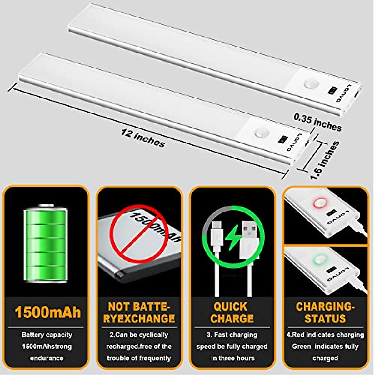 LANVA Under Cabinet Lights Motion Sensor Cabinet Lights Indoor 60 LED Closet Lights and 1500mAh Wireless Rechargeable Battery Operated Lights Under Counter Lights for Kitchen,Cabinet,Hallway