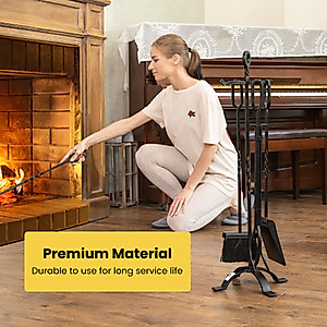 VIVOHOME 5 Pieces Wrought Iron Fireplace Tool Set with Poker Grabber Broom Shovel Stand with Handles Wood Stove Firepit Accessories Tools Modern Black