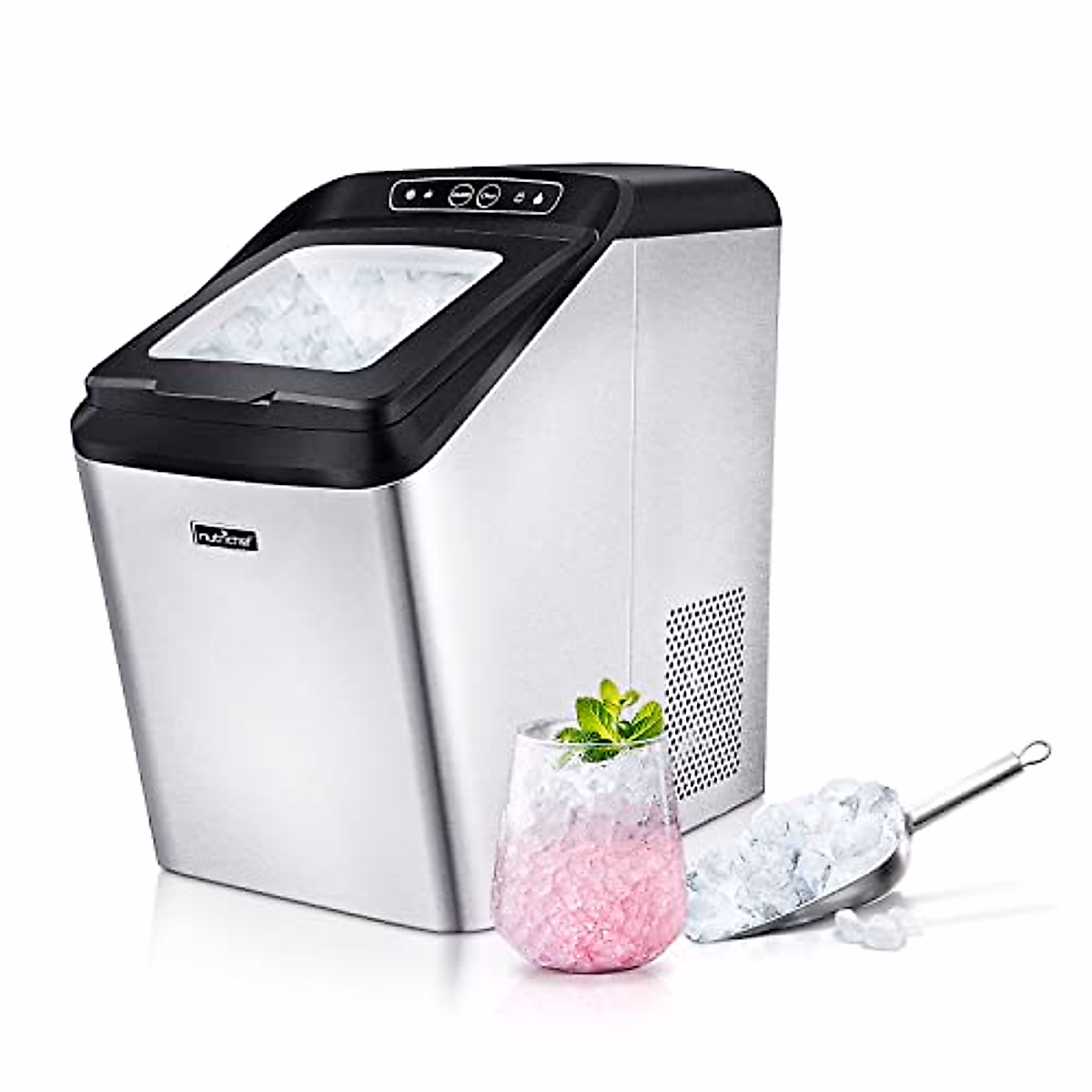 NutriChef Countertop Nugget Ice Maker Machine - Electric Nugget Ice Maker Countertop with Ice Scoop and Basket, Includes Rear-Mounted Hose Drainage, Compact, Convenient, and Incredibly Fast - NCICNUG