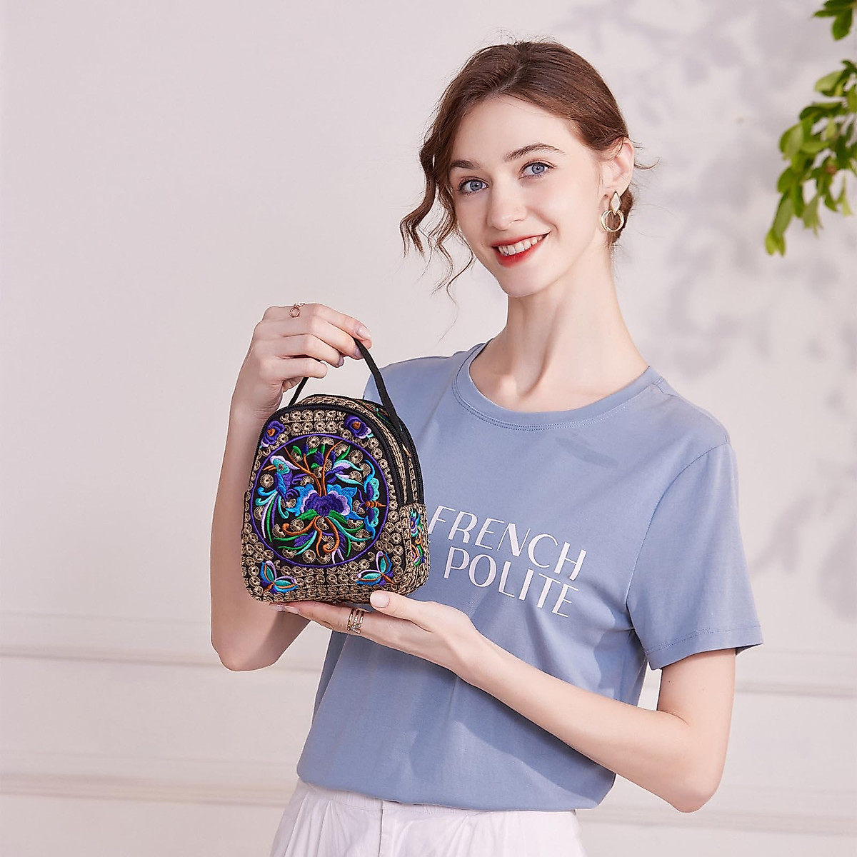 Embroidery Canvas Shoulder Bag Women Vintage Boho Mini Crossbody Bag Handbag Cell Phone Pouch (Purple)