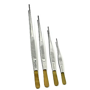 German Set of 4 Each Debakey Forceps Serrated Narrow Tips for Atraumatic Veterinary Microscopy Dissection Comes in Gold Handle 6”+8”+10”+12”