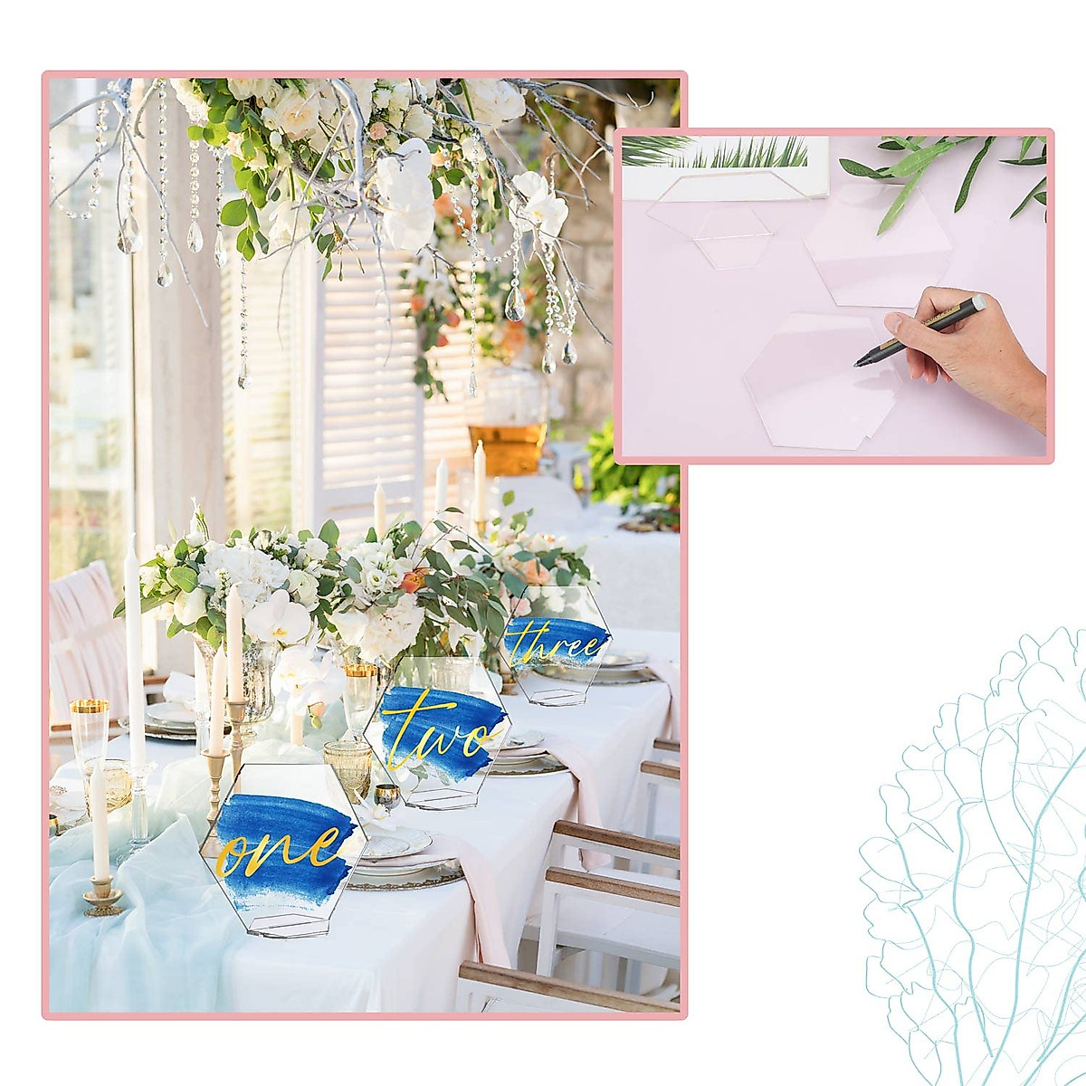 10 Pack Large Acrylic Hexagon Blank Table Stand, DIY Geometric Clear Plexiglass Number Sign Holder with Gold & Silver Marker Metallic for Modern Wedding Reception, Centerpiece Decoration Event Party