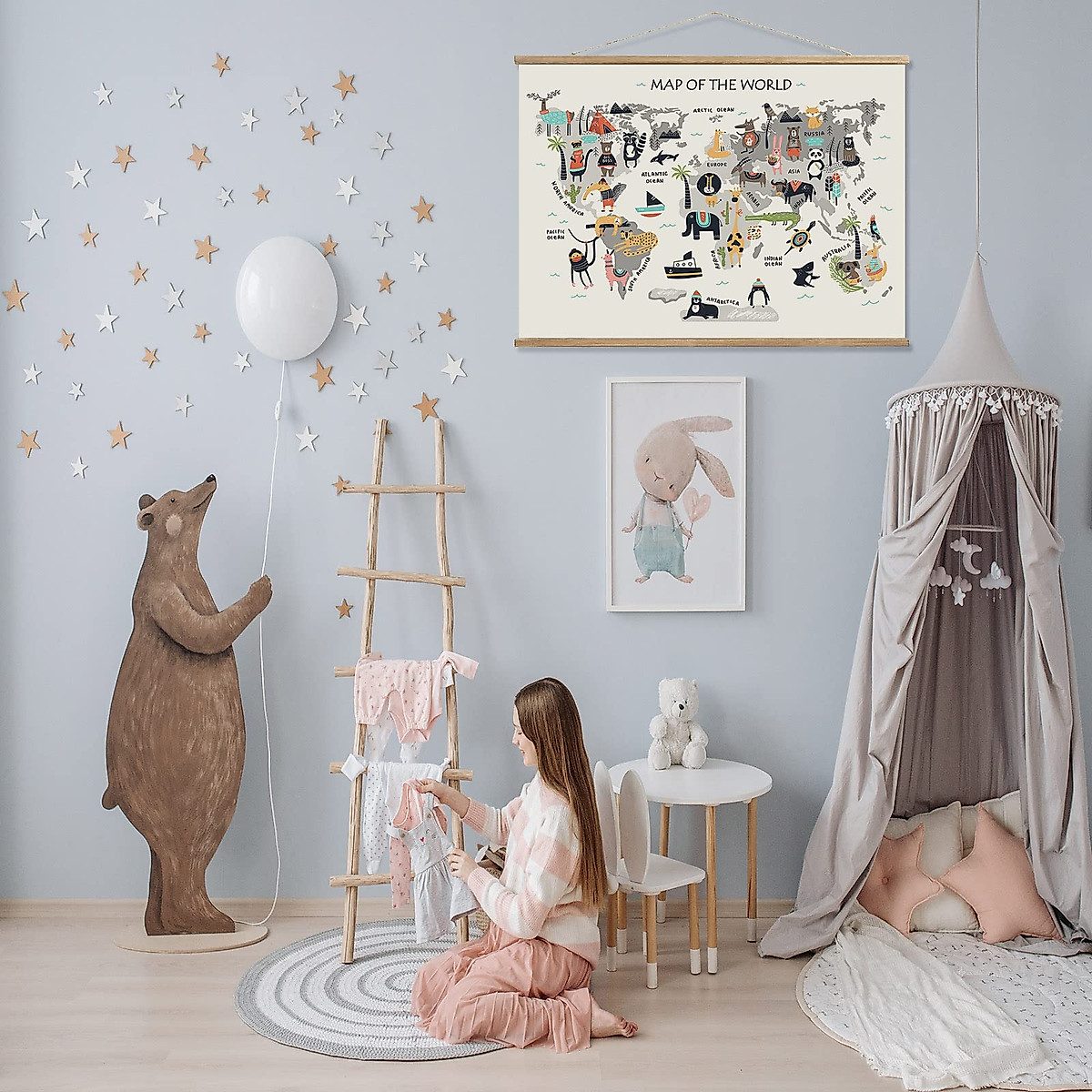 Animal World Map Hanging Canvas Wall Art , World Maps for Kids Wall, Baby Room World Map, Animals of The World Poster for Children Education, 24"x18" Ready to Hang