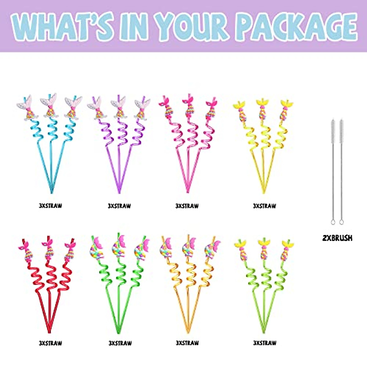 24 Rainbow Mermaid Party Favors Mermaid Tail Drinking Straws for Mermaid Birthday Party Supplies with 2 PCS Straws Cleaning Brush
