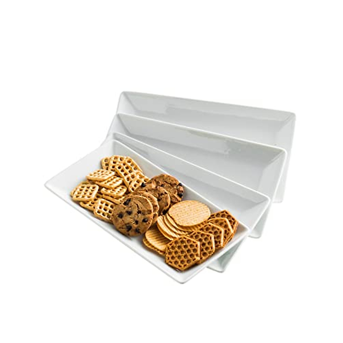 LAUCHUH Serving Platter, 10” Rectangular Plates Serving Tray Porcelain Platters for Parties, Sushi, Dessert Microwave and Dishwasher Safe Set of 4, White