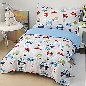 KINBEDY 4 Pieces White Toddler Bedding Sets for Boys Cars Blue Bed Sheets Set Cartoon Comforter Set for Baby Kids | Include Comforter, Flat Sheet, Fitted Sheet, Pillowcase