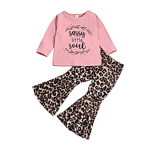 Toddler Baby Girls Letter Outfits Set Long Sleeve Tops + Leopard Bell Bottom Pants Autumn Clothes (Pink, 18-24 Months)